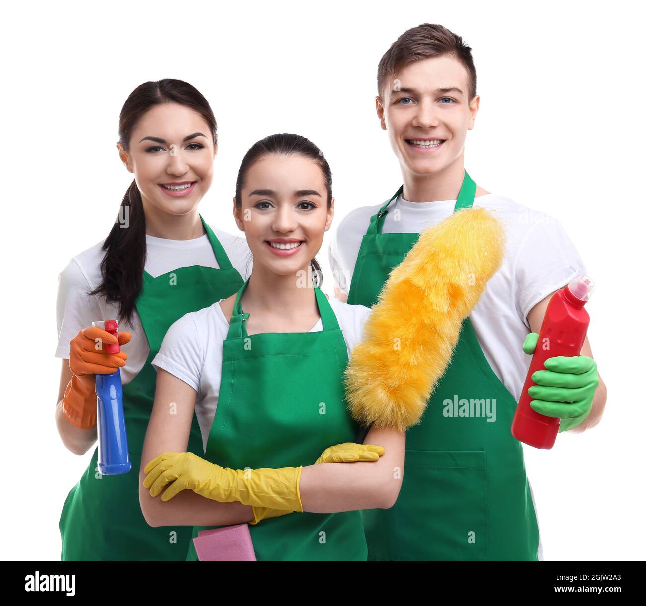 Service team with cleaning tools on white background Stock Photo - Alamy