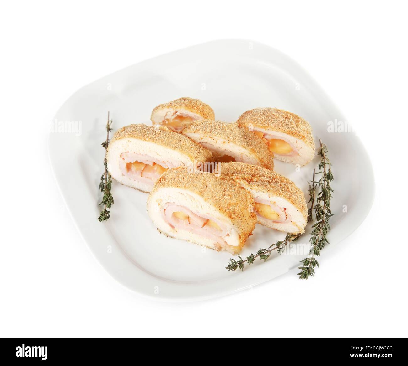 Plate with tasty chicken sliced roll on white background Stock Photo ...