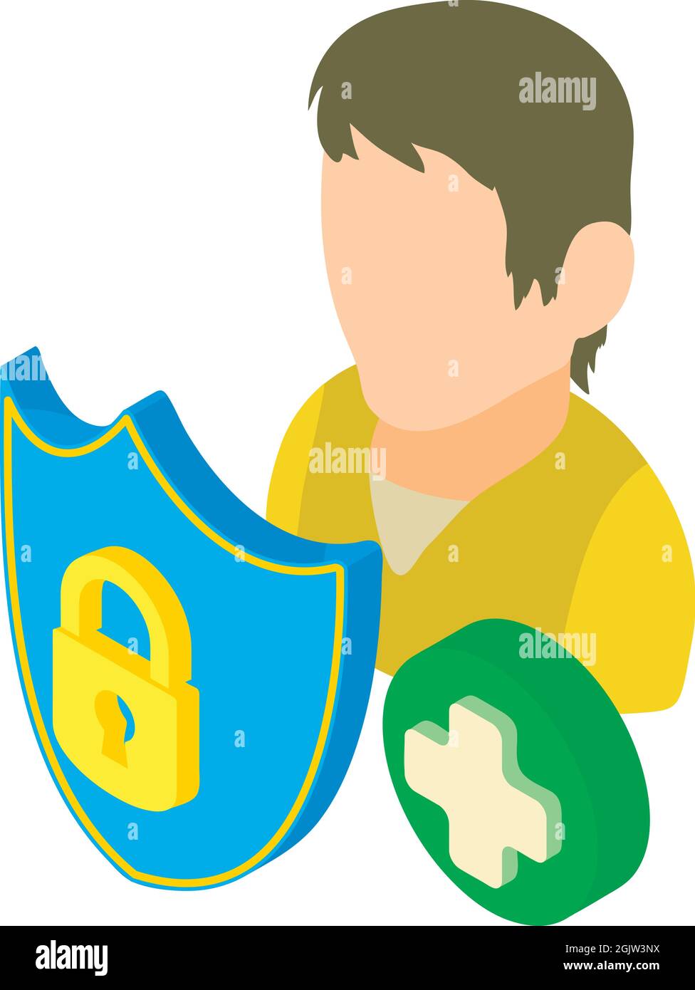 Privacy protection icon isometric vector. Man, shield, lock and plus ...
