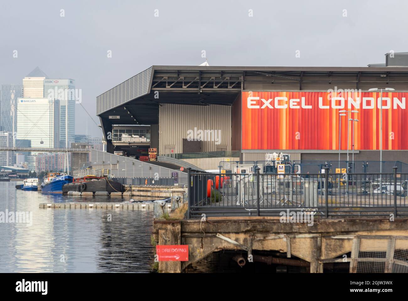 Office towers of London's financial district behind the ExCel London ...