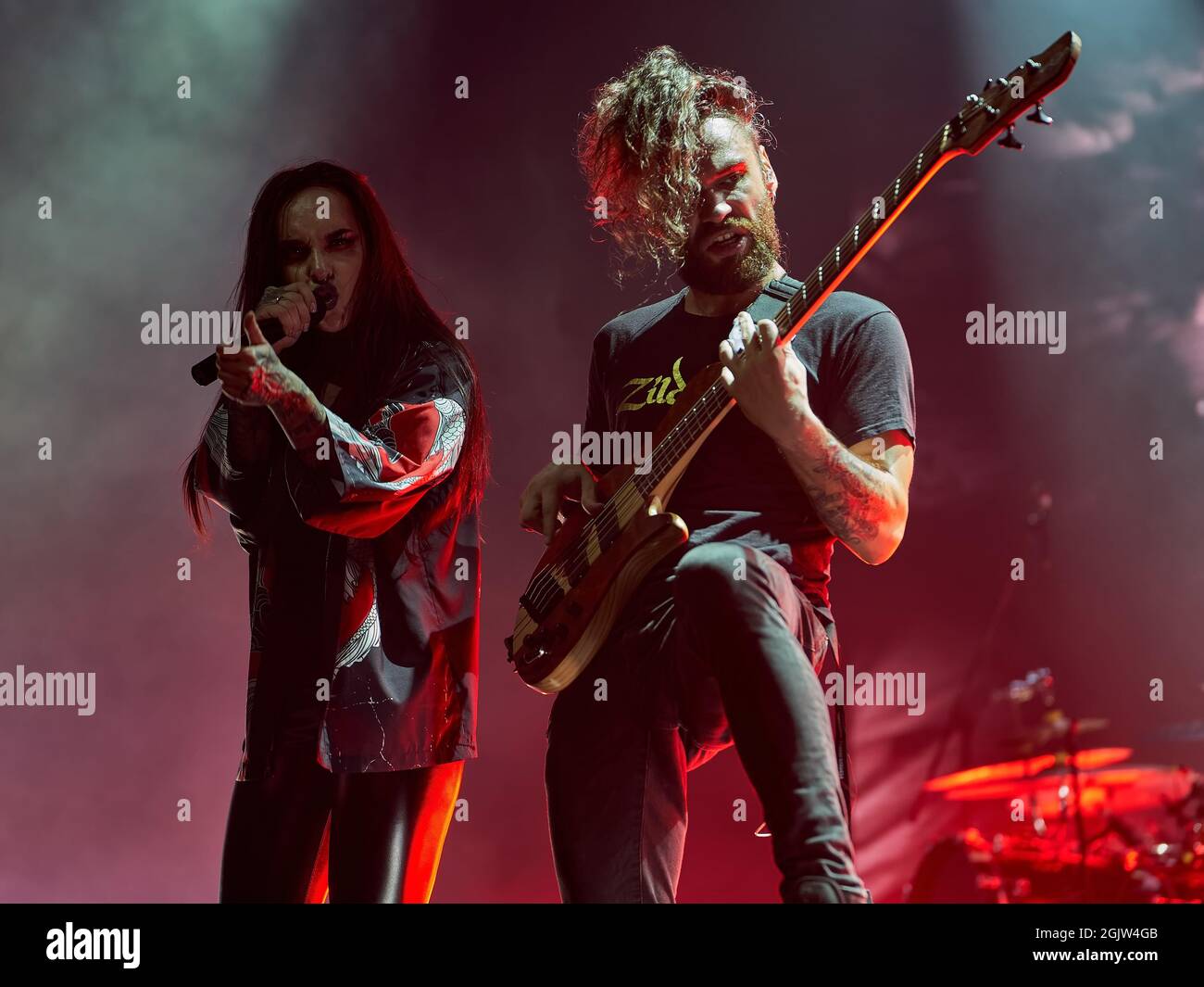 Eugene Abdukhanov of Jinjer band plays a bass guitar live on stage at ...