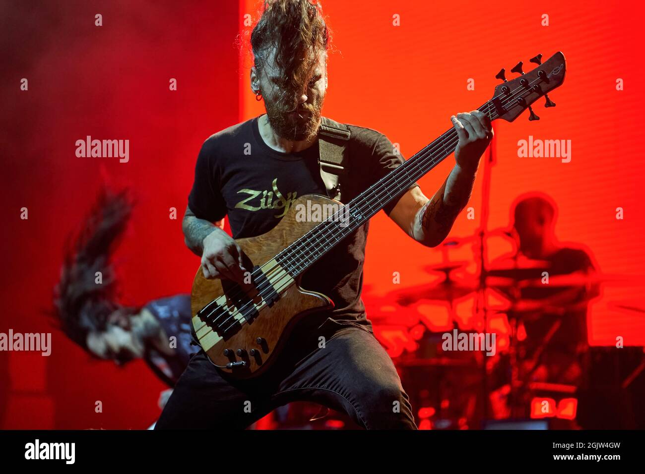 Moscow, Russia. 10th Sep, 2021. Eugene Abdukhanov of Jinjer band plays ...