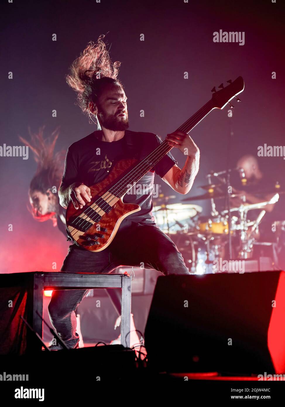Moscow, Russia. 10th Sep, 2021. Eugene Abdukhanov of Jinjer band plays ...