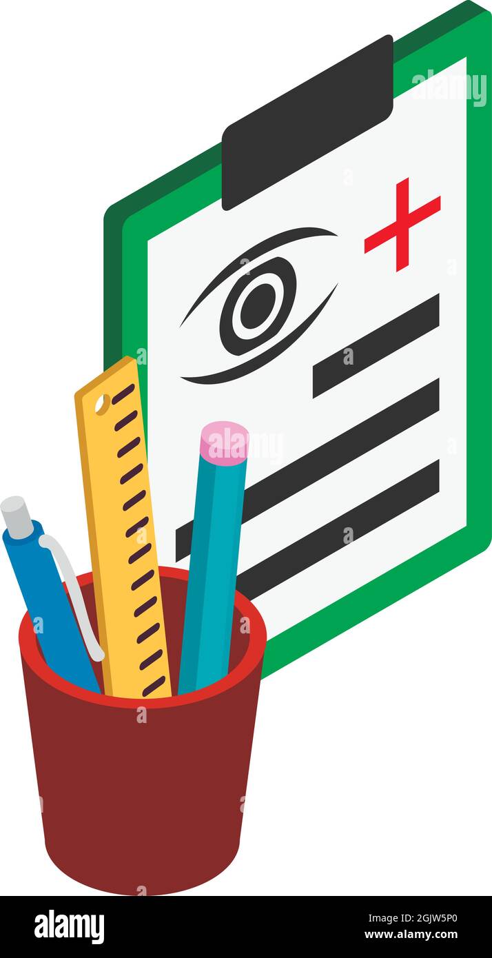 Medical form icon isometric vector. Green clipboard, eye sign and ...