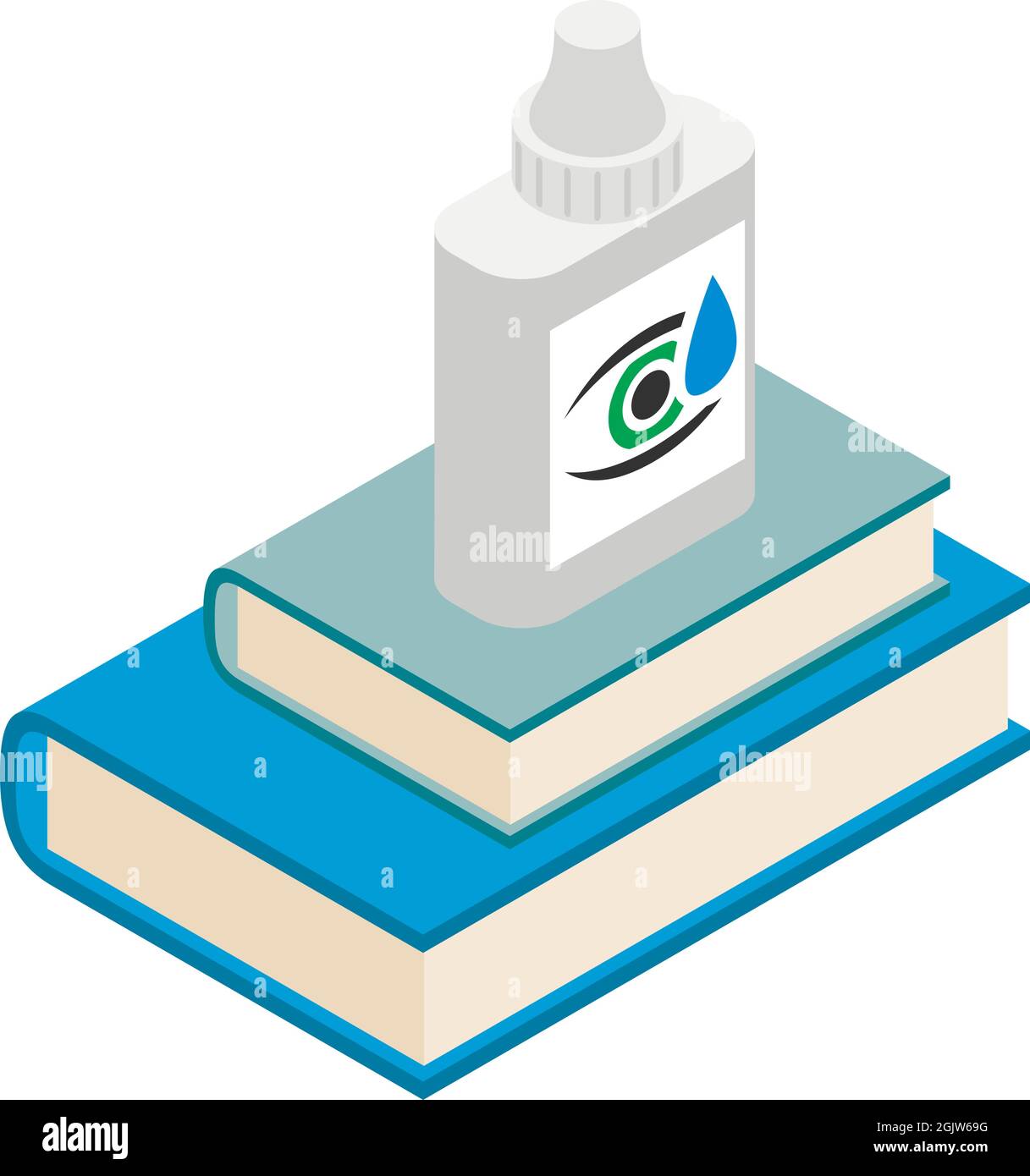 Eye care icon isometric vector. Bottle with eye drop and two blue book ...