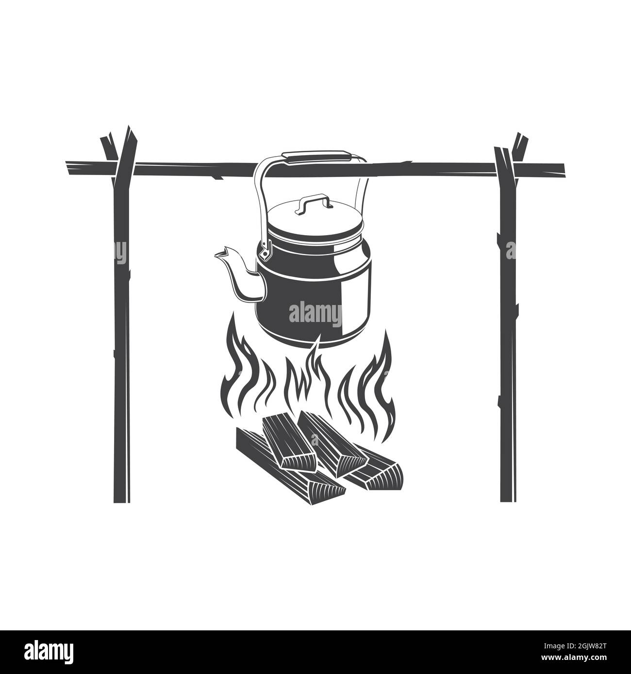 Vintage coffee pot on camping fire silhoutte Vector illustration ...