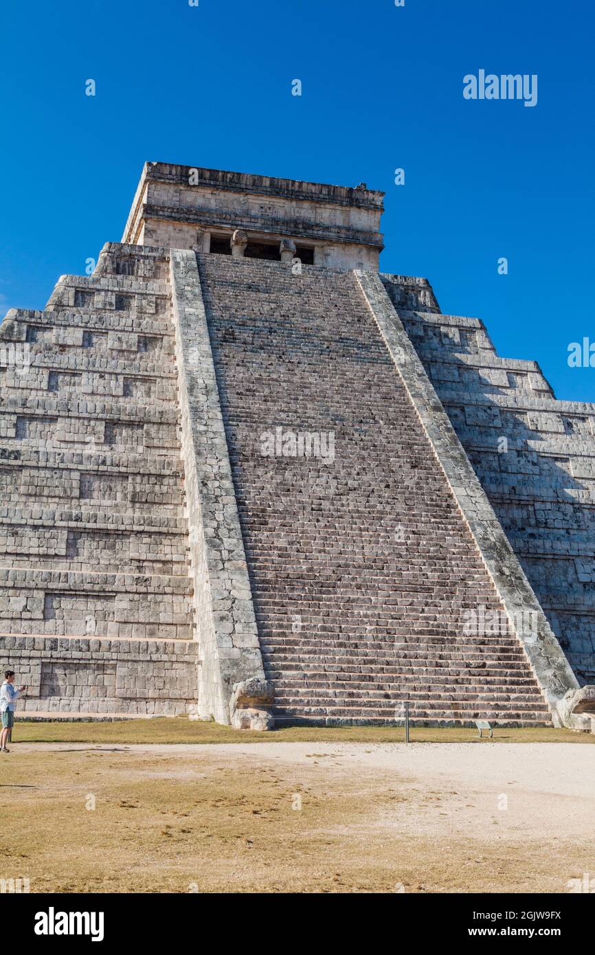 Stairway of the pyramid Kukulkan in the Mayan archeological site ...