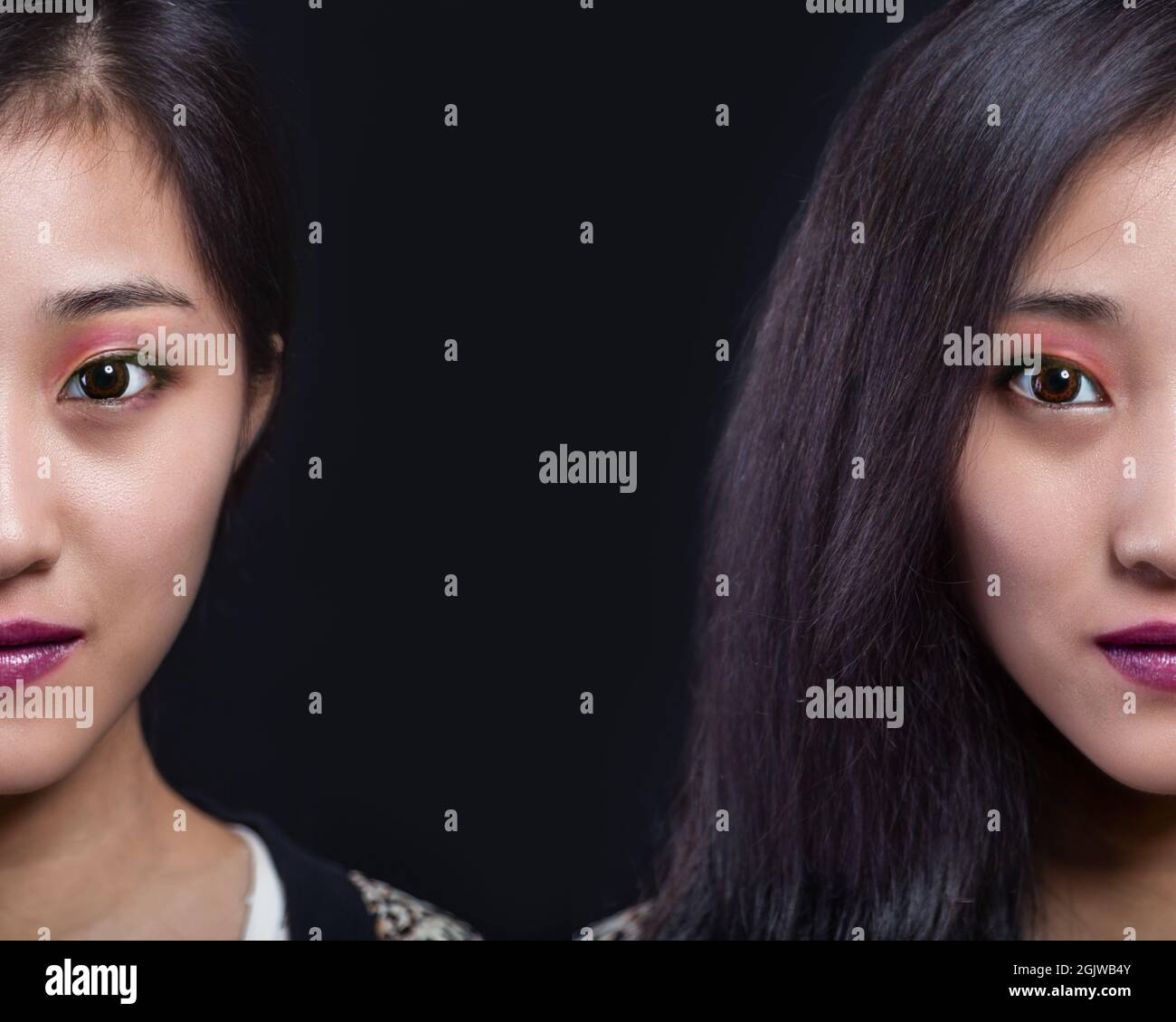 Half face beauty portrait of beautiful Asian American fashion model in ...