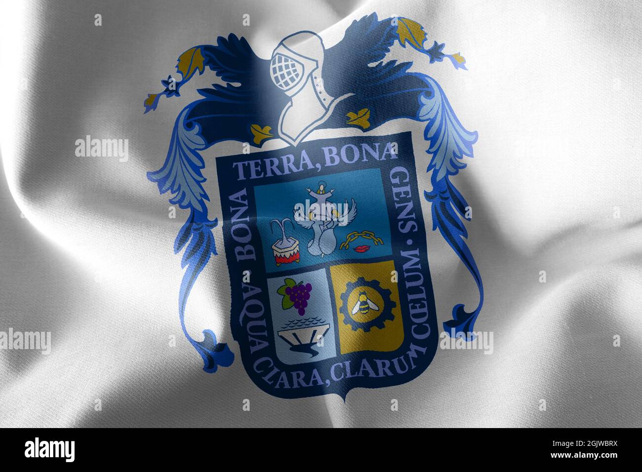 3D illustration flag of Aguascalientes is a region of Mexico. Waving on ...