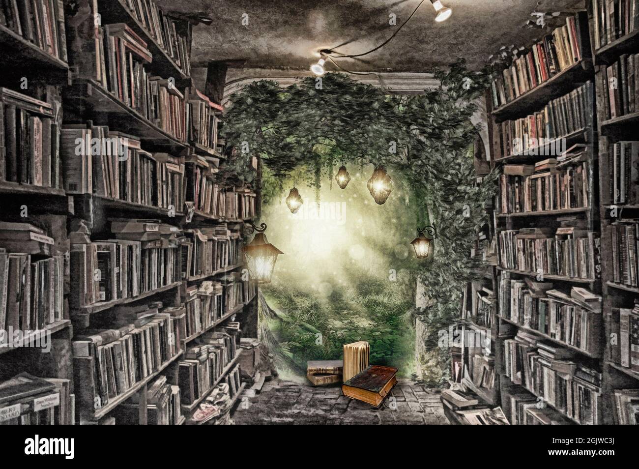 fabulous library, abstraction, street lamp, fantasy Stock Photo - Alamy