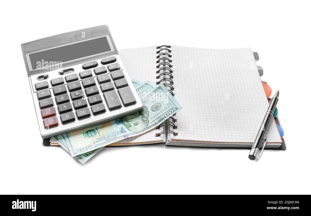 Gray calculator and notebook on white background Stock Photo - Alamy