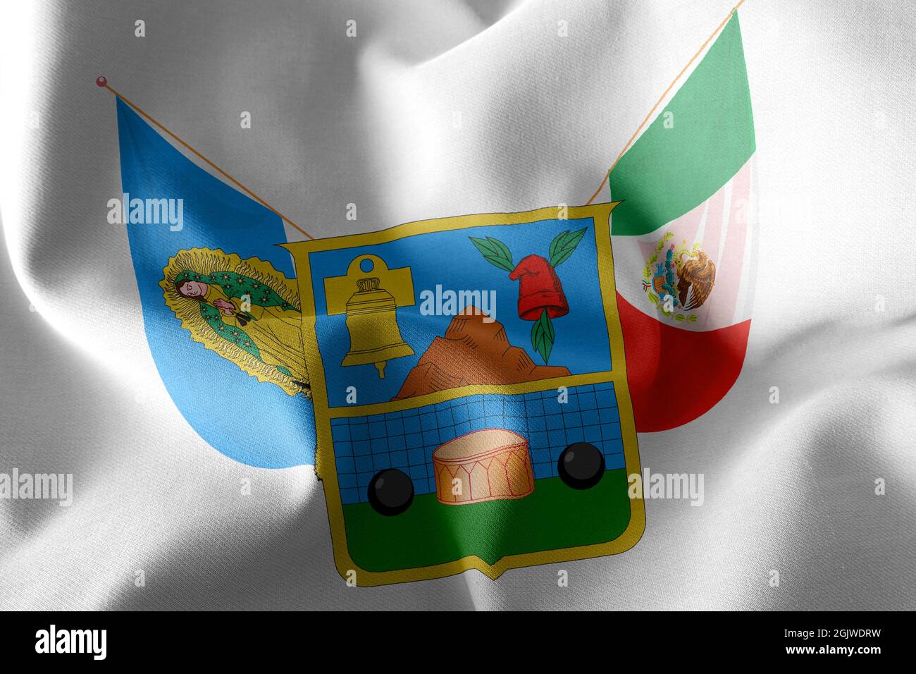 3D illustration flag of Hidalgo is a region of Mexico. Waving on the ...