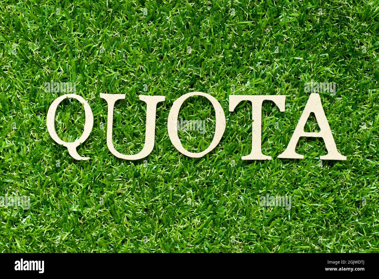 Wood letter in word quota on green grass background Stock Photo - Alamy