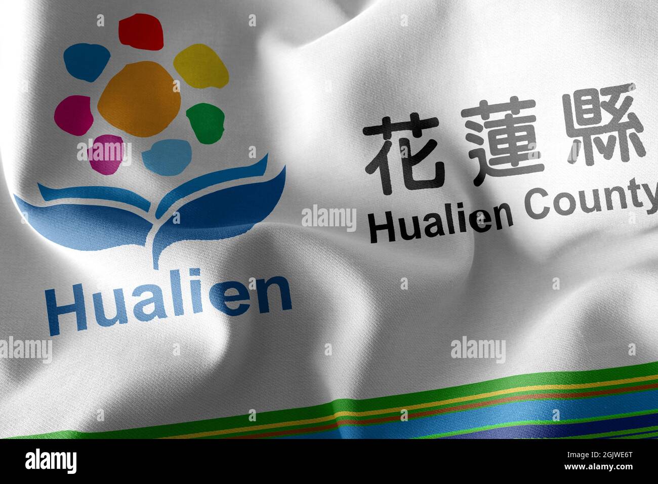 3D illustration flag of Hualien County is a province of Taiwan. Waving ...