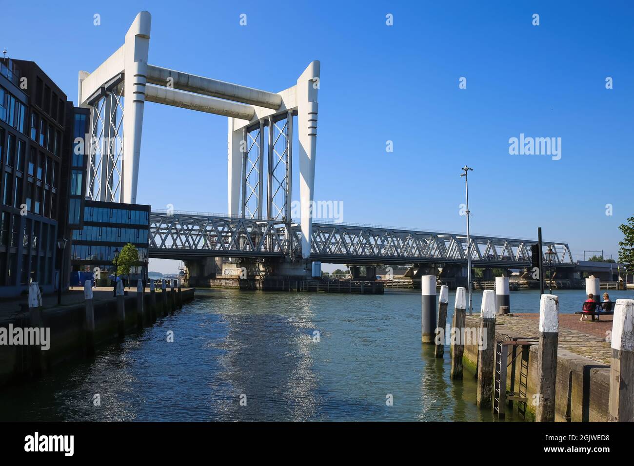 Dordrecht, Netherlands - July 9. 2021: View over river on modern dutch ...