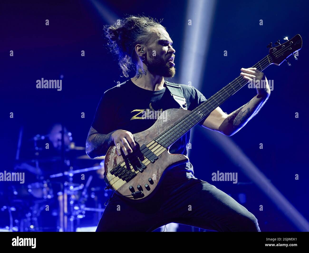 Moscow, Russia. 10th Sep, 2021. Eugene Abdukhanov of Jinjer band plays ...
