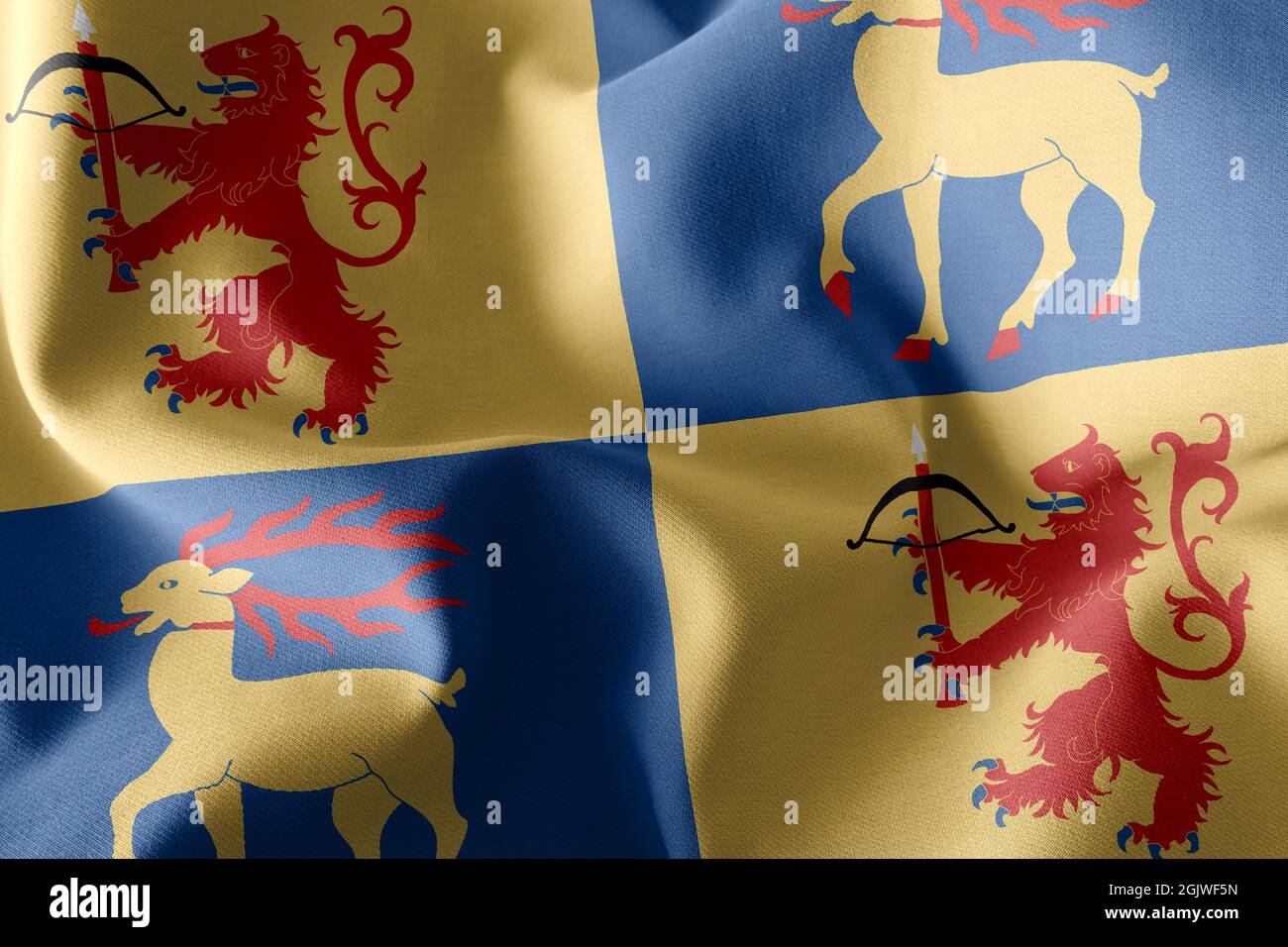 3D illustration flag of Kalmar is a region of Sweden. Waving on the ...