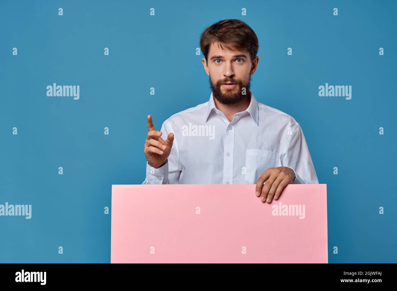 Cheerful man pink mockup poster discount advertising isolated ...