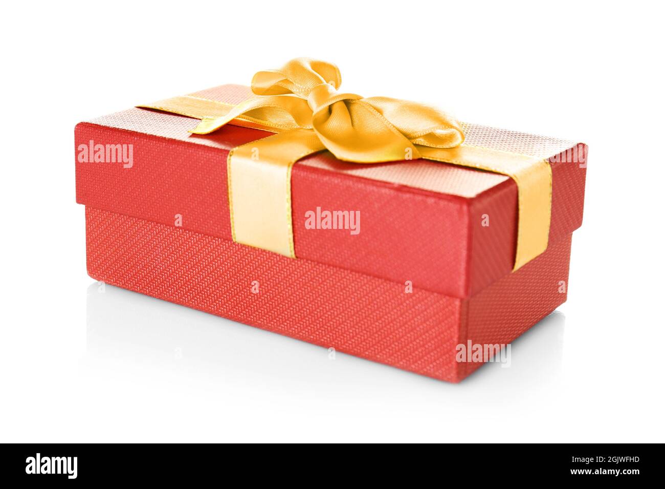 Beautiful red gift box with golden ribbon on white background Stock ...