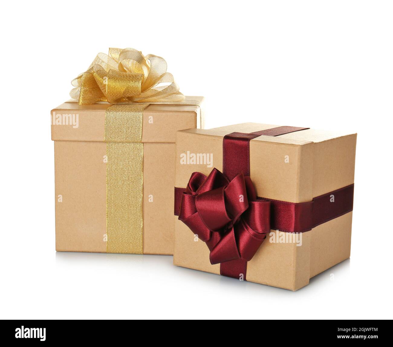 Set of beautiful gift boxes with wonderful bows of shiny ribbons on ...