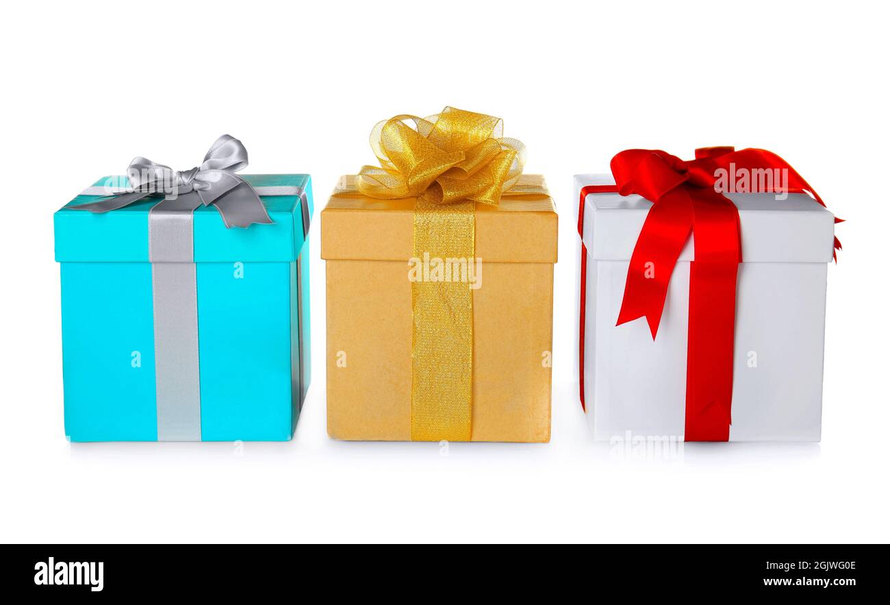 Set of beautiful gift boxes with wonderful bows of shiny ribbons on ...
