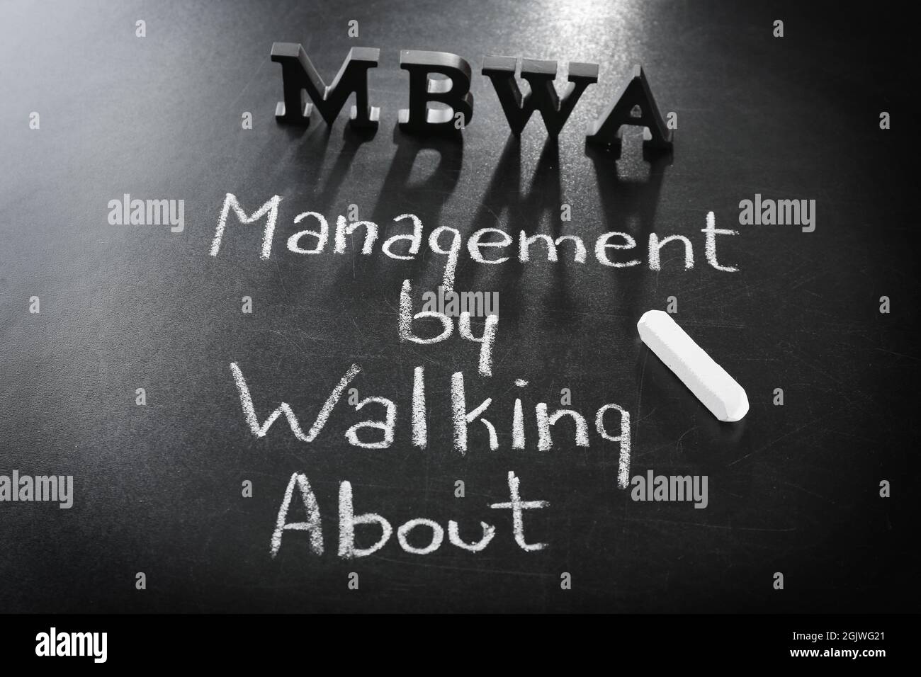 Letters MBWA and text MANAGEMENT BY WALKING ABOUT written with chalk on ...