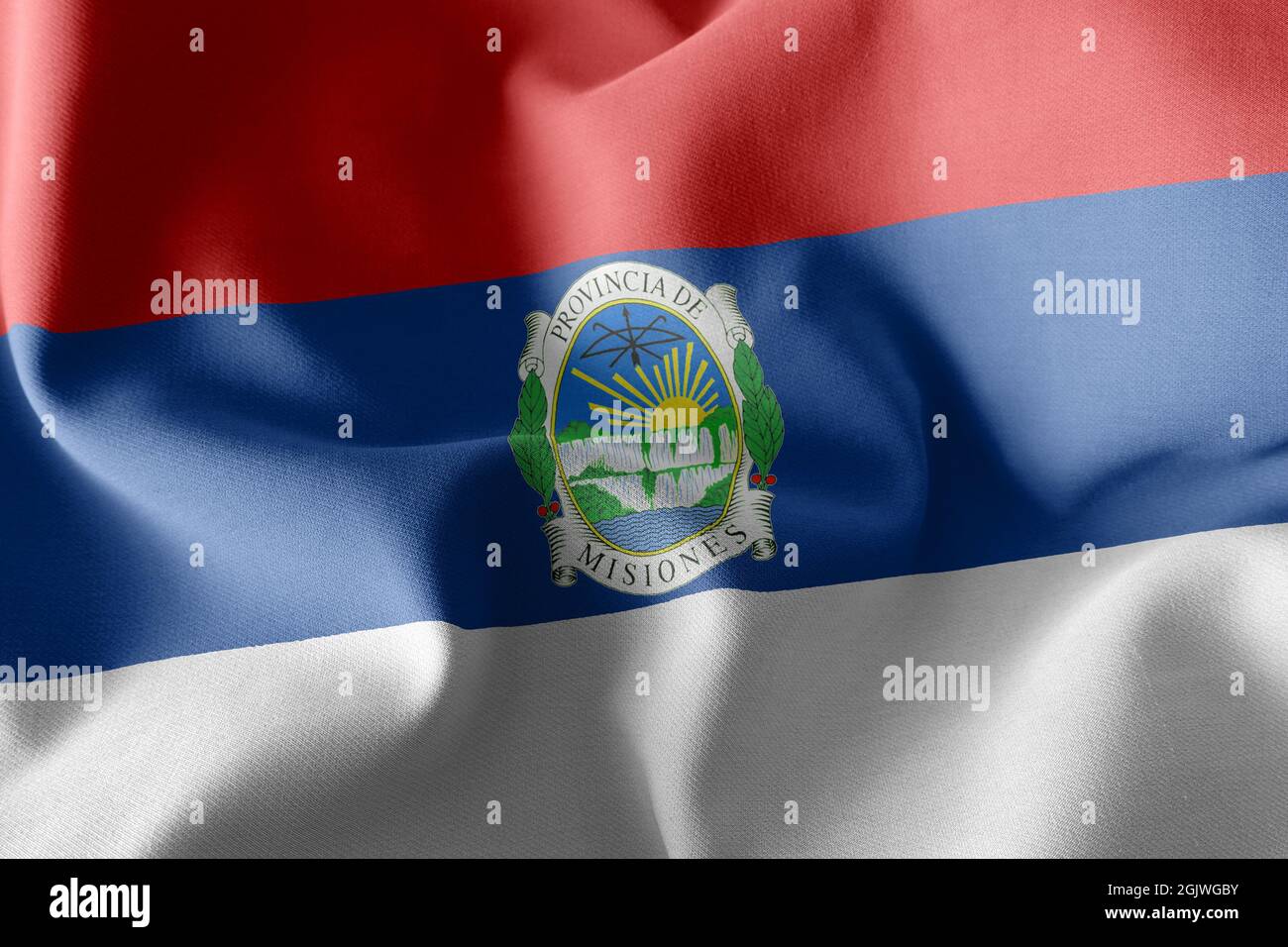 3D illustration flag of Misiones is a region of Argentina. Waving on ...