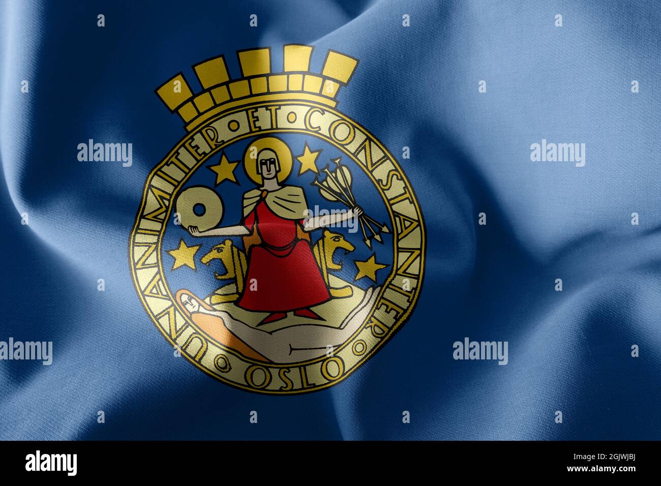 3D illustration flag of Oslo is a region of Norway. Waving on the wind ...
