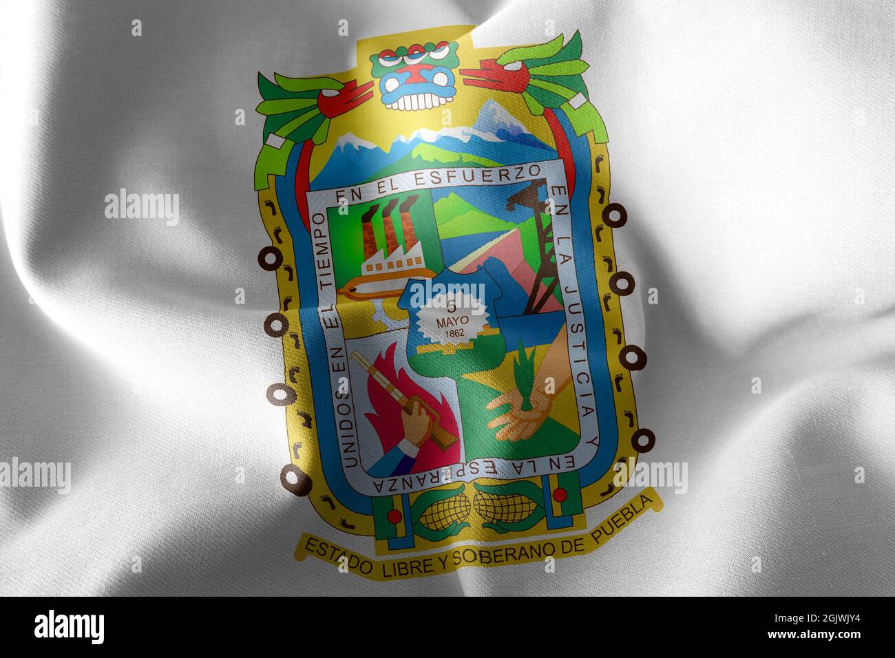 3D illustration flag of Puebla is a region of Mexico. Waving on the ...
