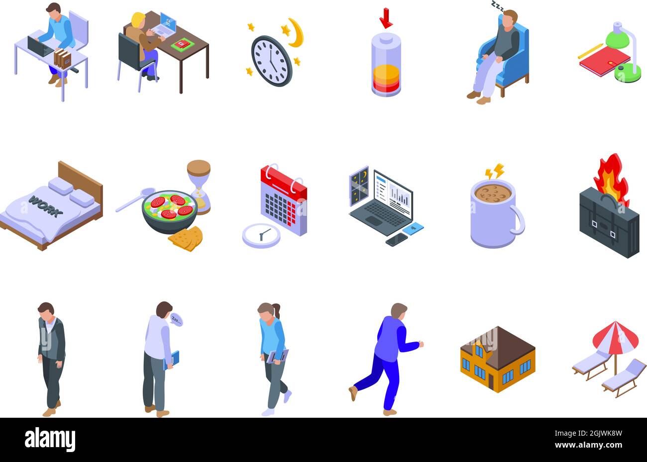 Late work icons set isometric vector. Daily hour. Morning time Stock ...