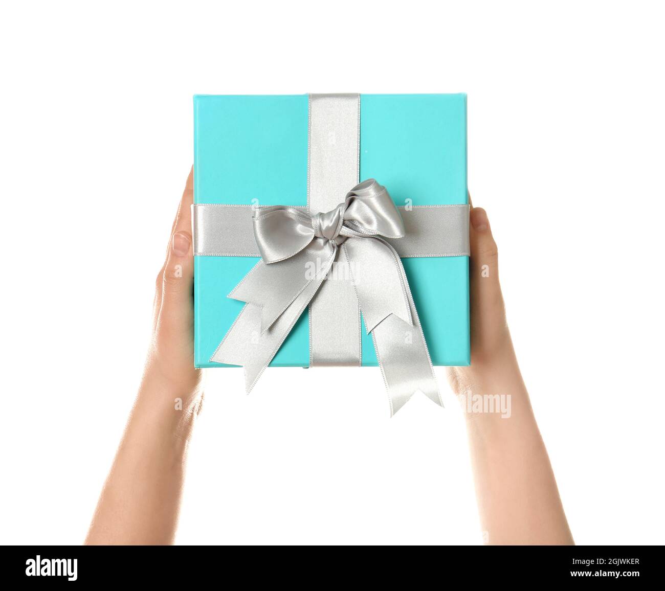 Hands holding beautiful gift box on white background Stock Photo - Alamy