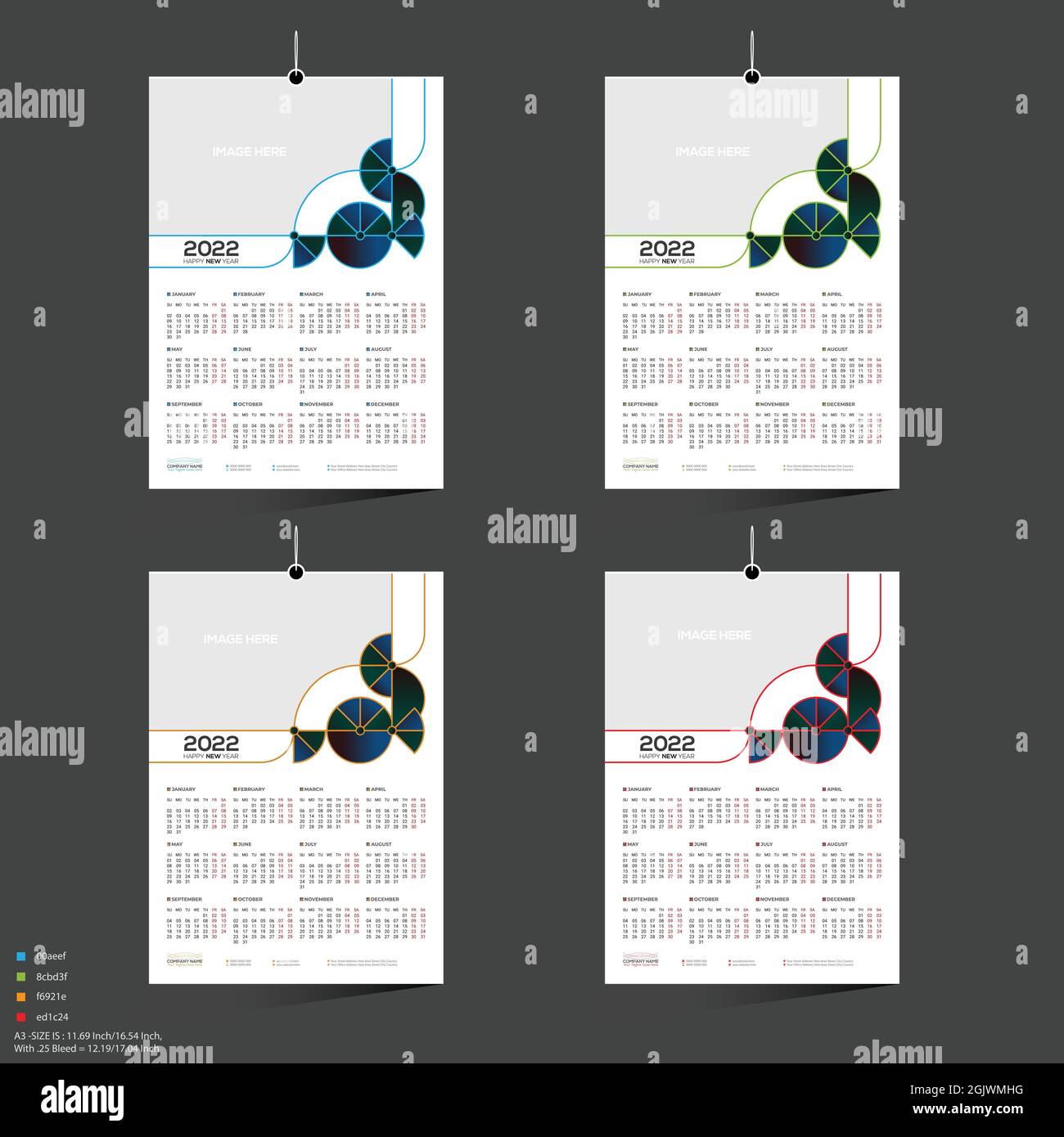 12 month 4 color vector 2022 wall calendar design Stock Vector Image ...