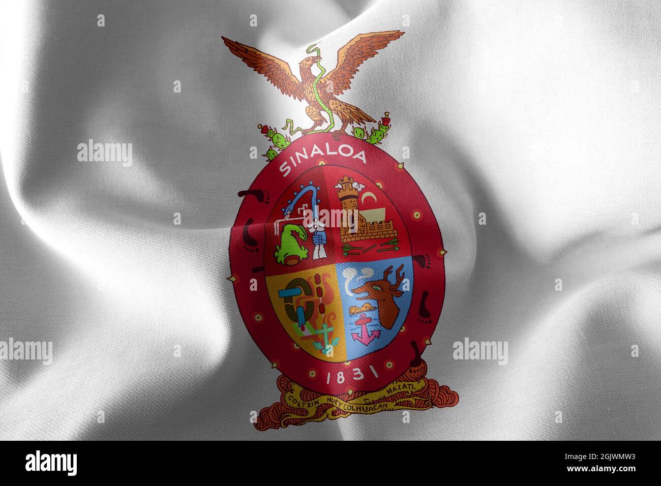 3D illustration flag of Sinaloa is a region of Mexico. Waving on the ...