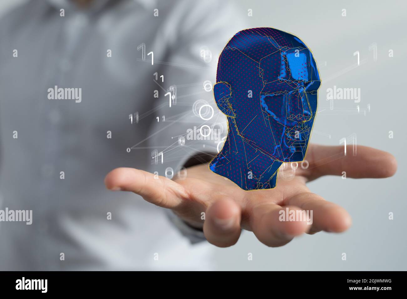 A 3D blue abstract polygonal human head and numbers above a hand Stock ...