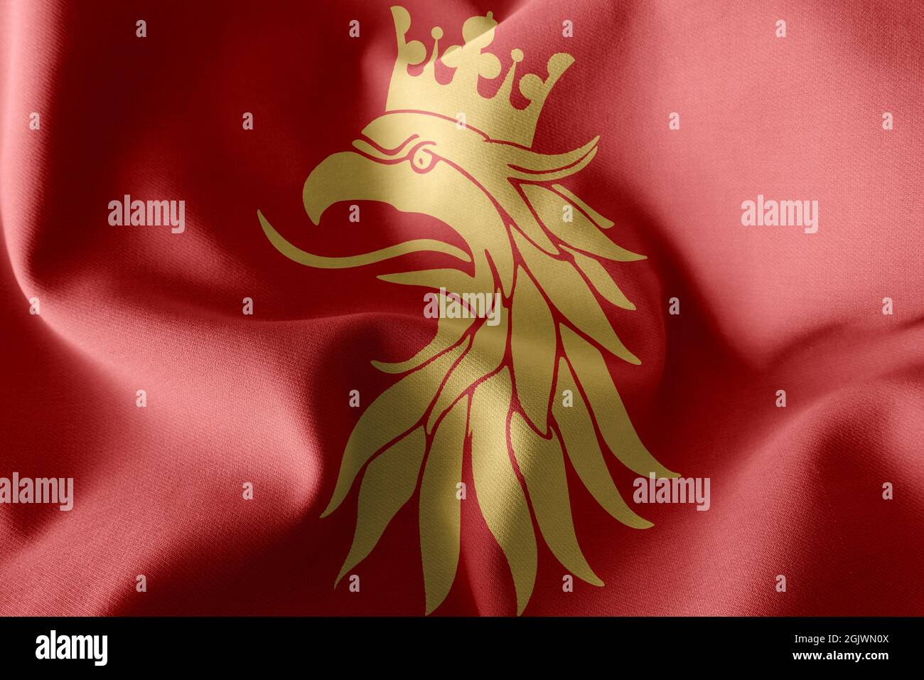 3D illustration flag of Skane is a region of Sweden. Waving on the wind ...