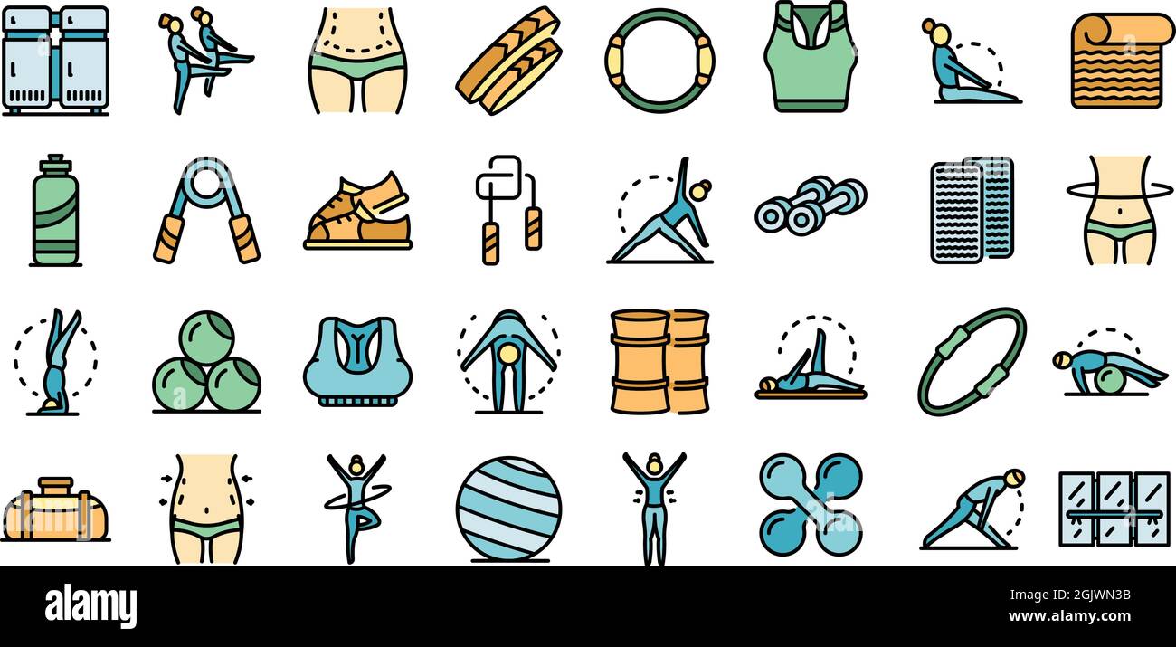 Pilates icons set. Outline set of pilates vector icons thin line color ...