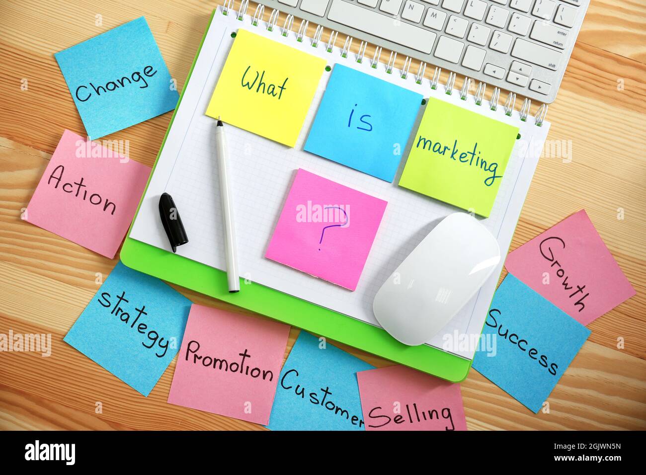 Stickers with text WHAT IS MARKETING on table Stock Photo - Alamy