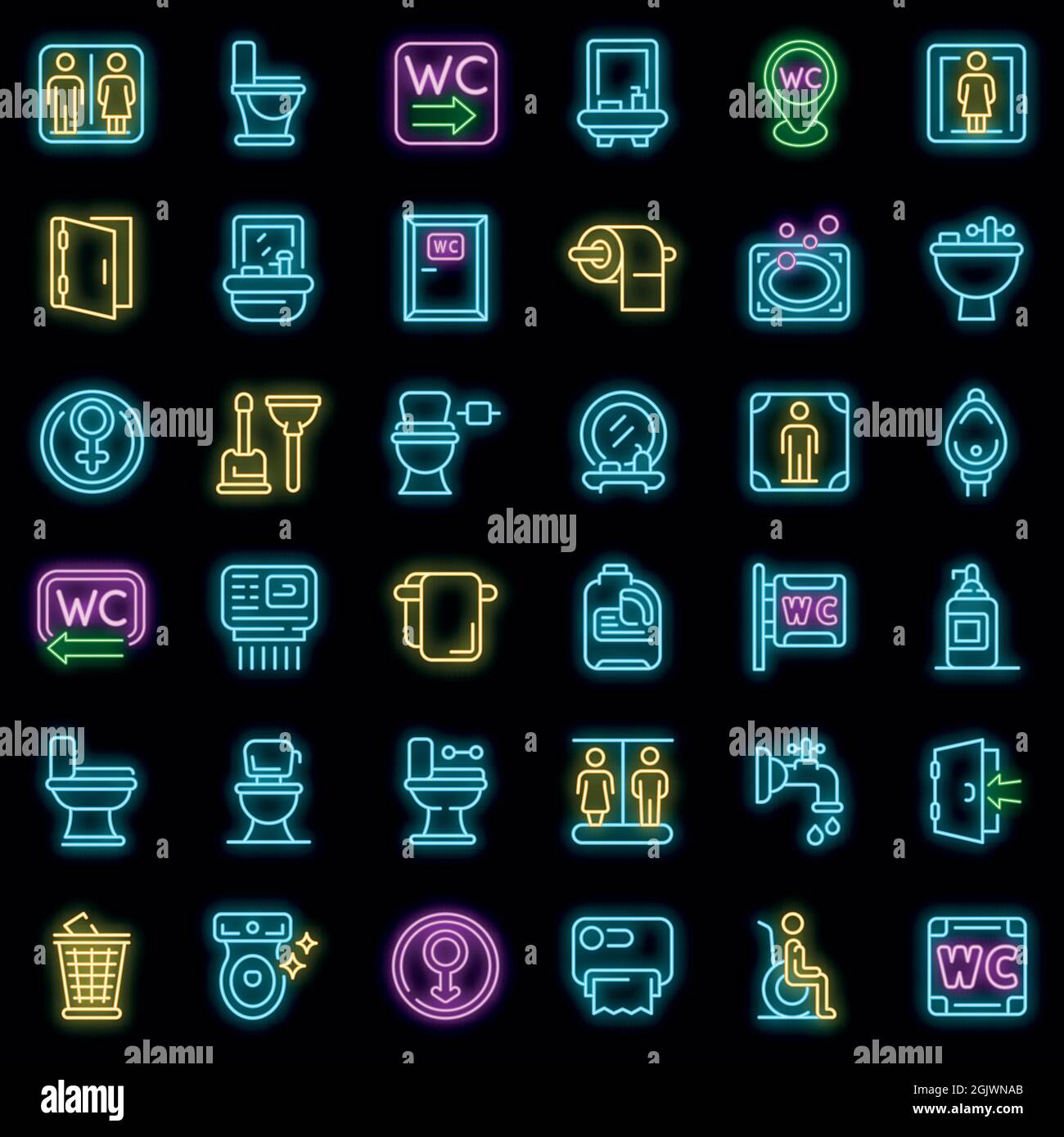 Wc icons set. Outline set of wc vector icons neon color on black Stock ...