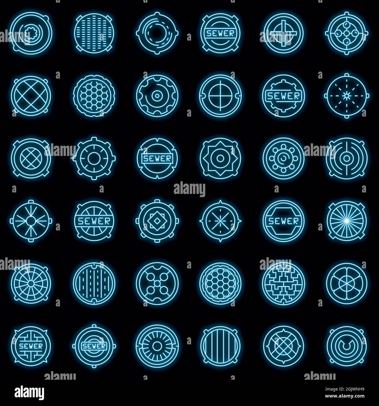 Manhole icons set. Outline set of manhole vector icons neon color on ...