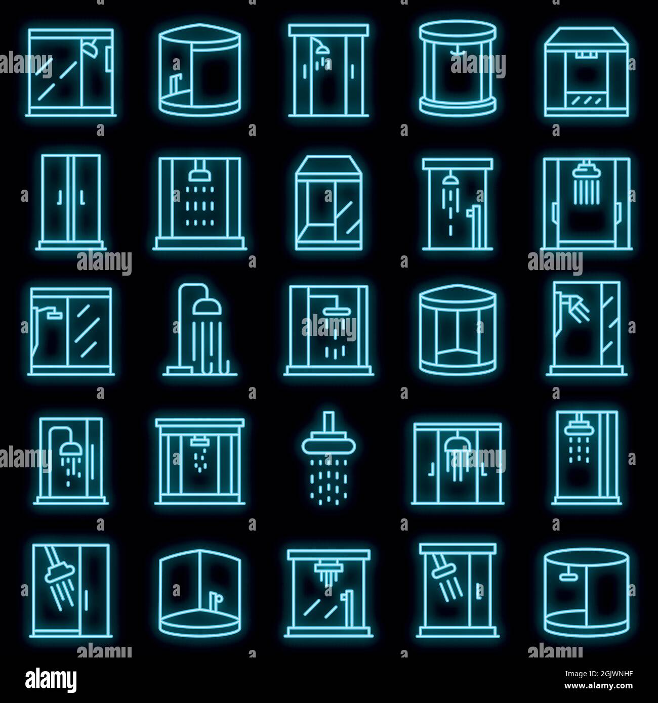 Shower stall icons set. Outline set of shower stall vector icons neon ...