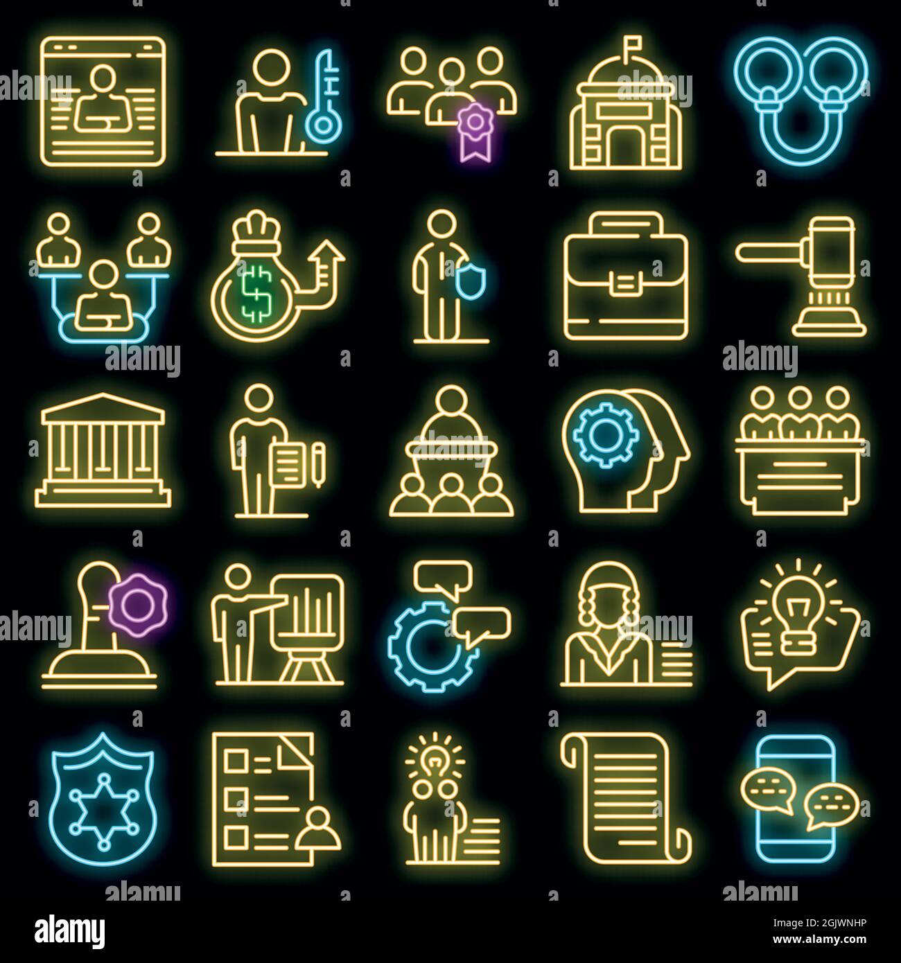 Authority icons set. Outline set of authority vector icons neon color ...