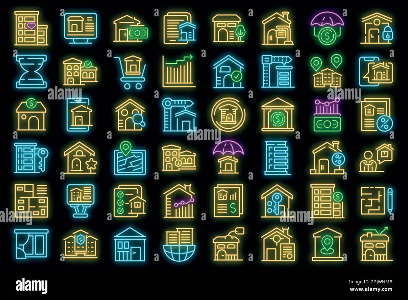 Property investments icons set. Outline set of property investments vector icons neon color on ...