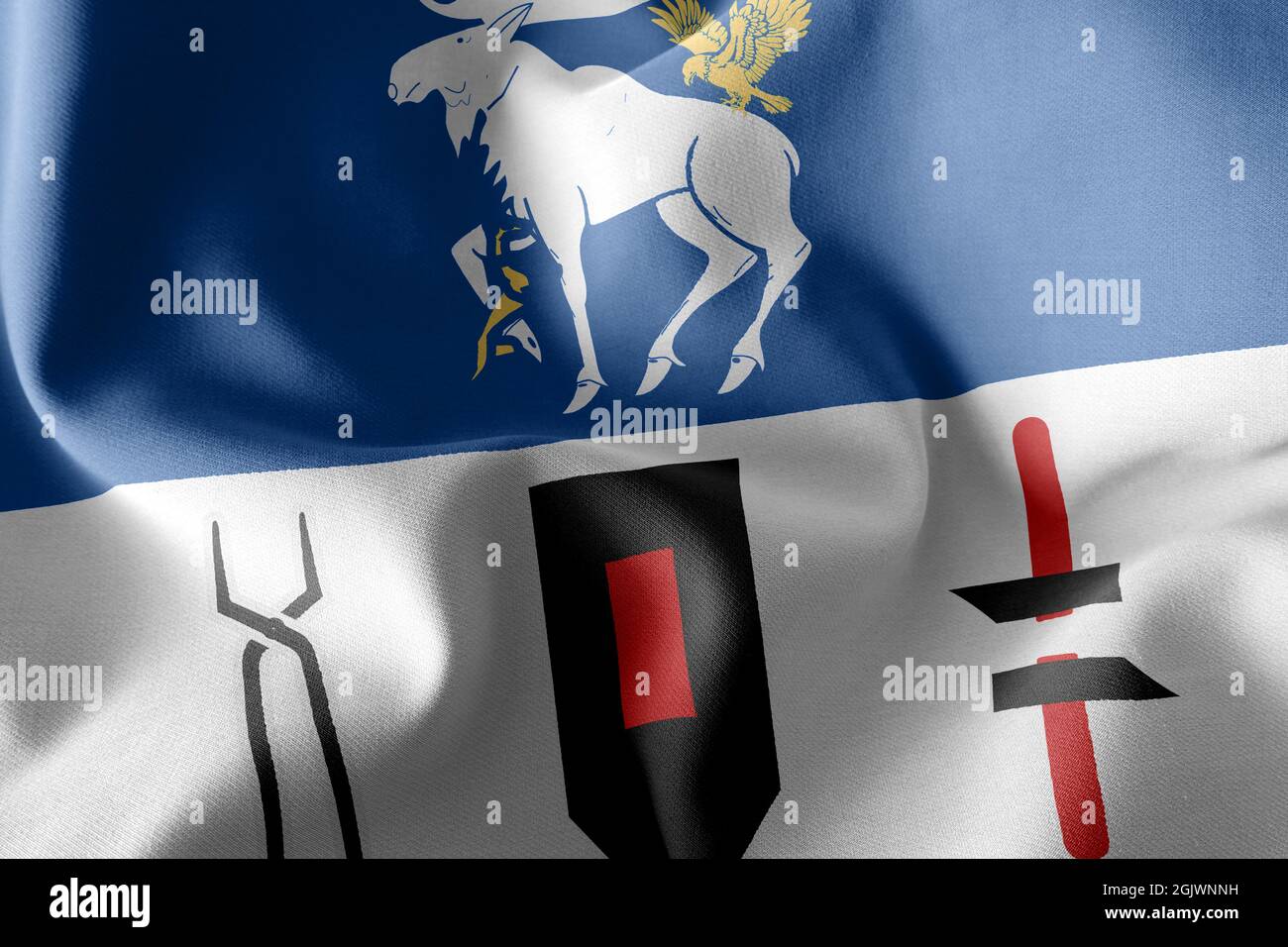 3D illustration flag of Jamtland is a region of Sweden. Waving on the ...