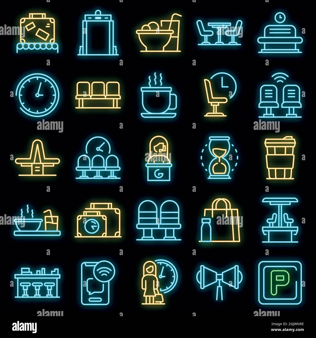 Waiting area icons set. Outline set of waiting area vector icons neon color on black Stock ...