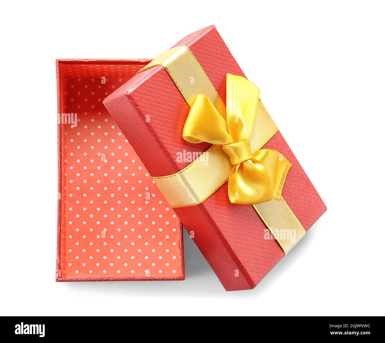 Open red gift box with golden ribbon on white background Stock Photo ...