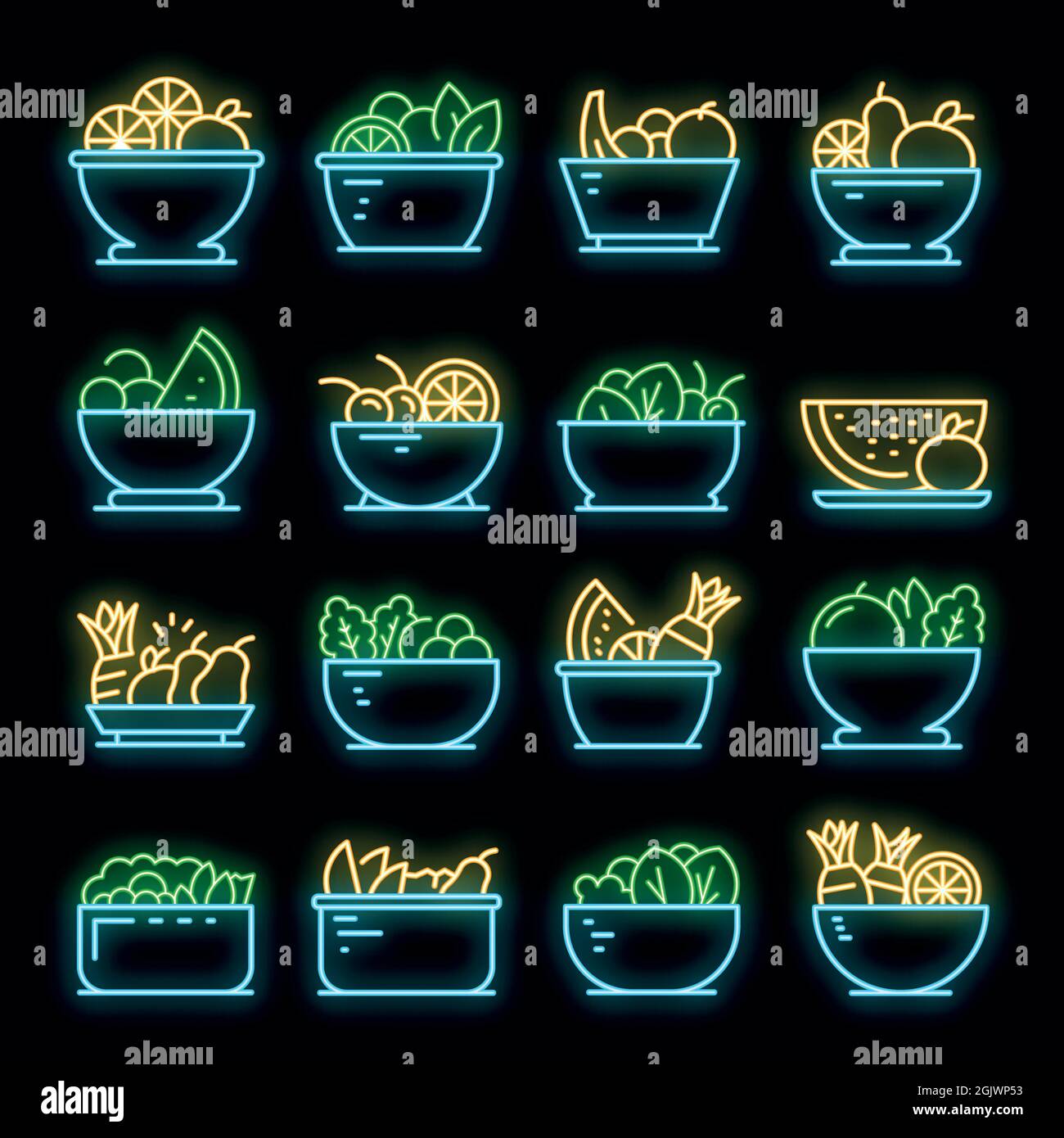 Fruit salad icons set. Outline set of fruit salad vector icons neon ...