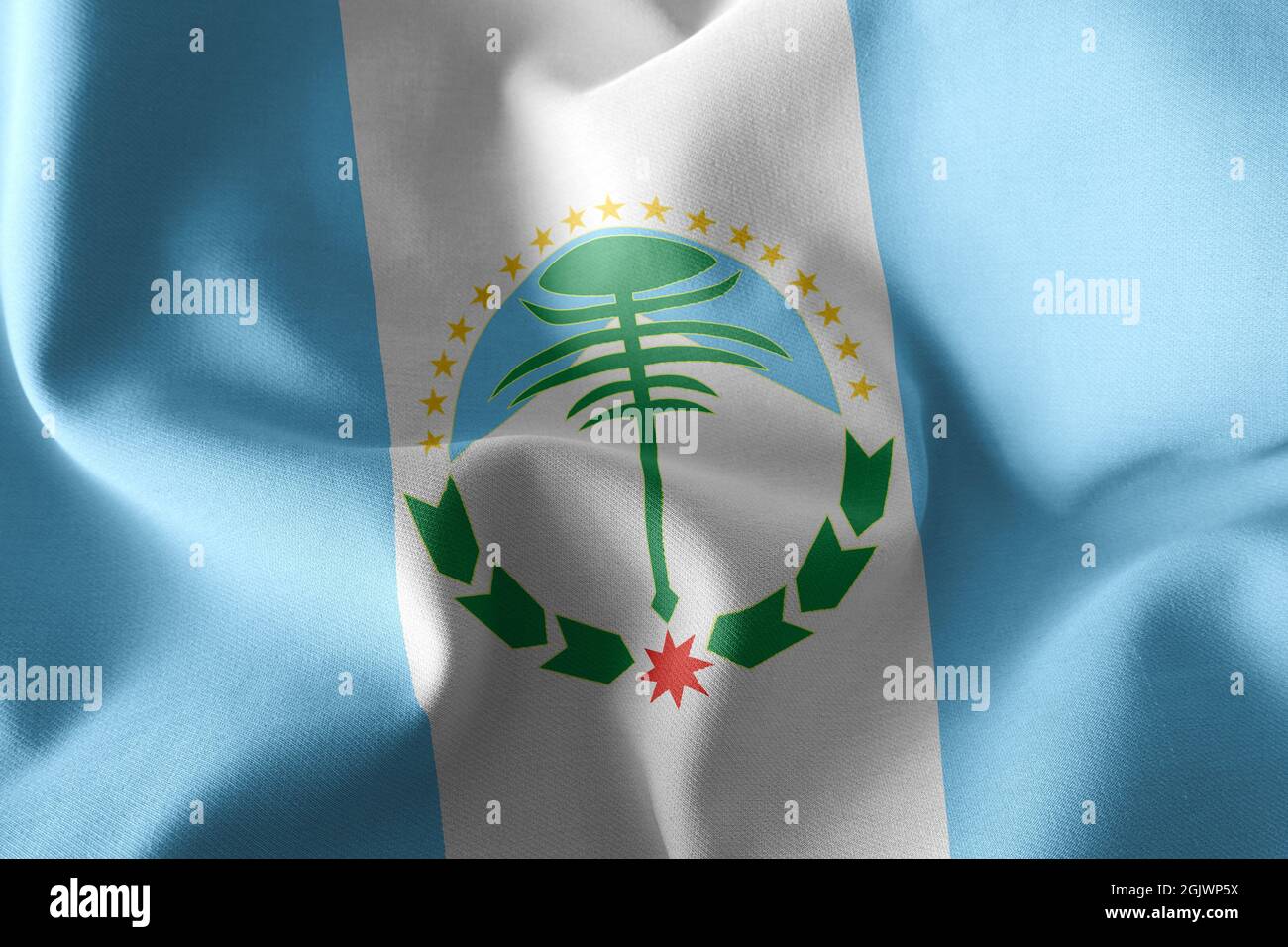 3D illustration flag of Neuquen is a region of Argentina. Waving on the ...