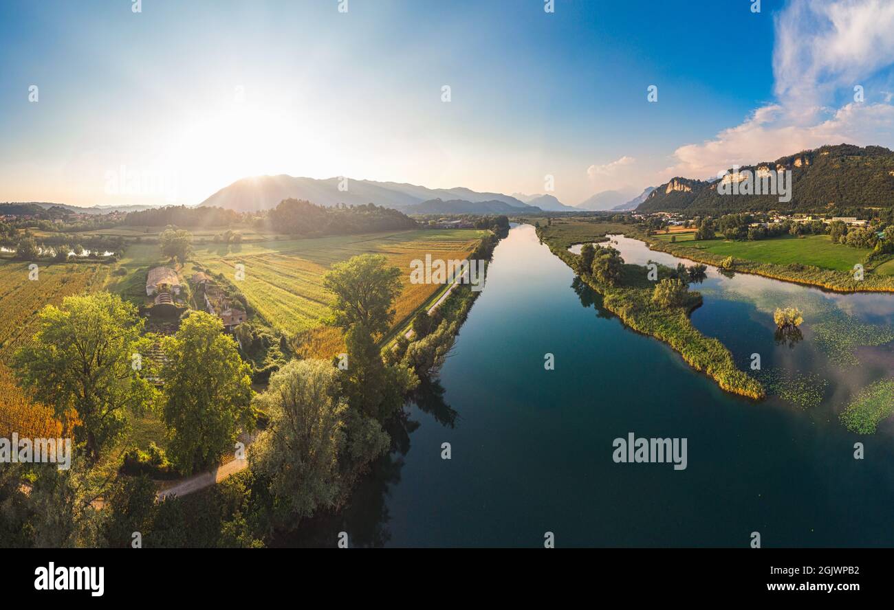 Beautiful panoramic views from above of a river surrounding of wheat ...