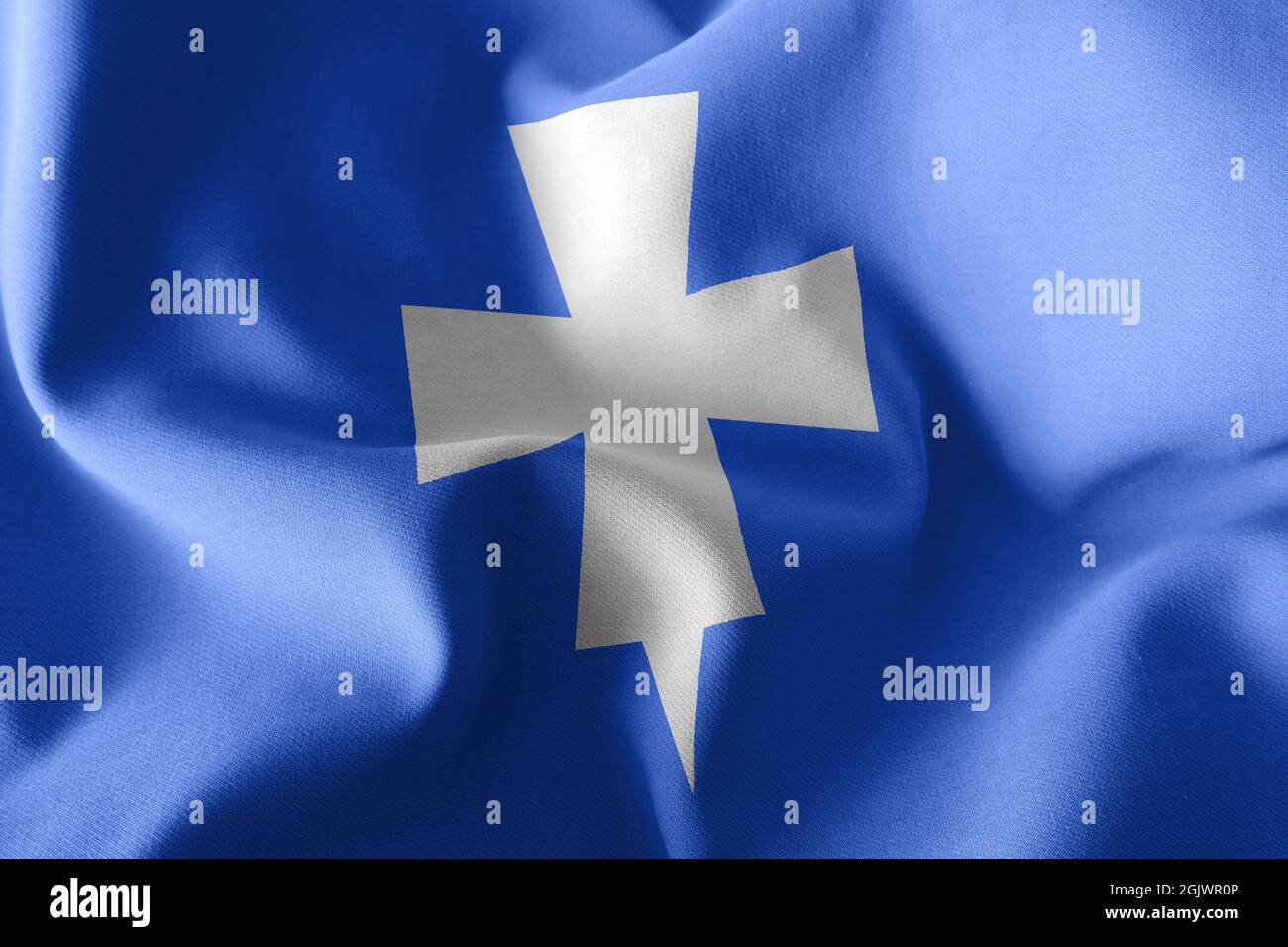 3D illustration flag of Rogaland is a region of Norway. Waving on the ...