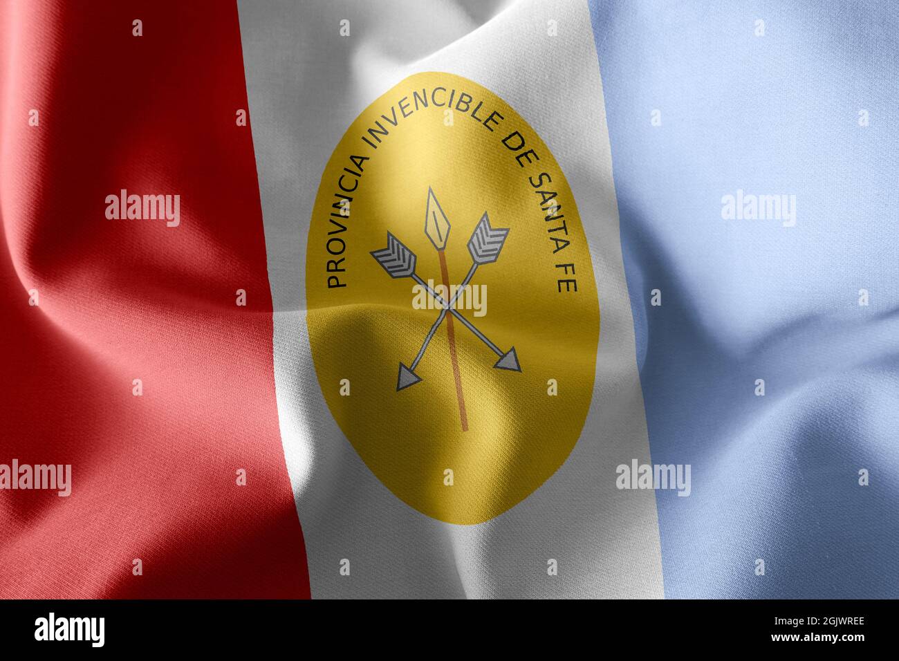 3D illustration flag of Santa Fe is a region of Argentina. Waving on ...